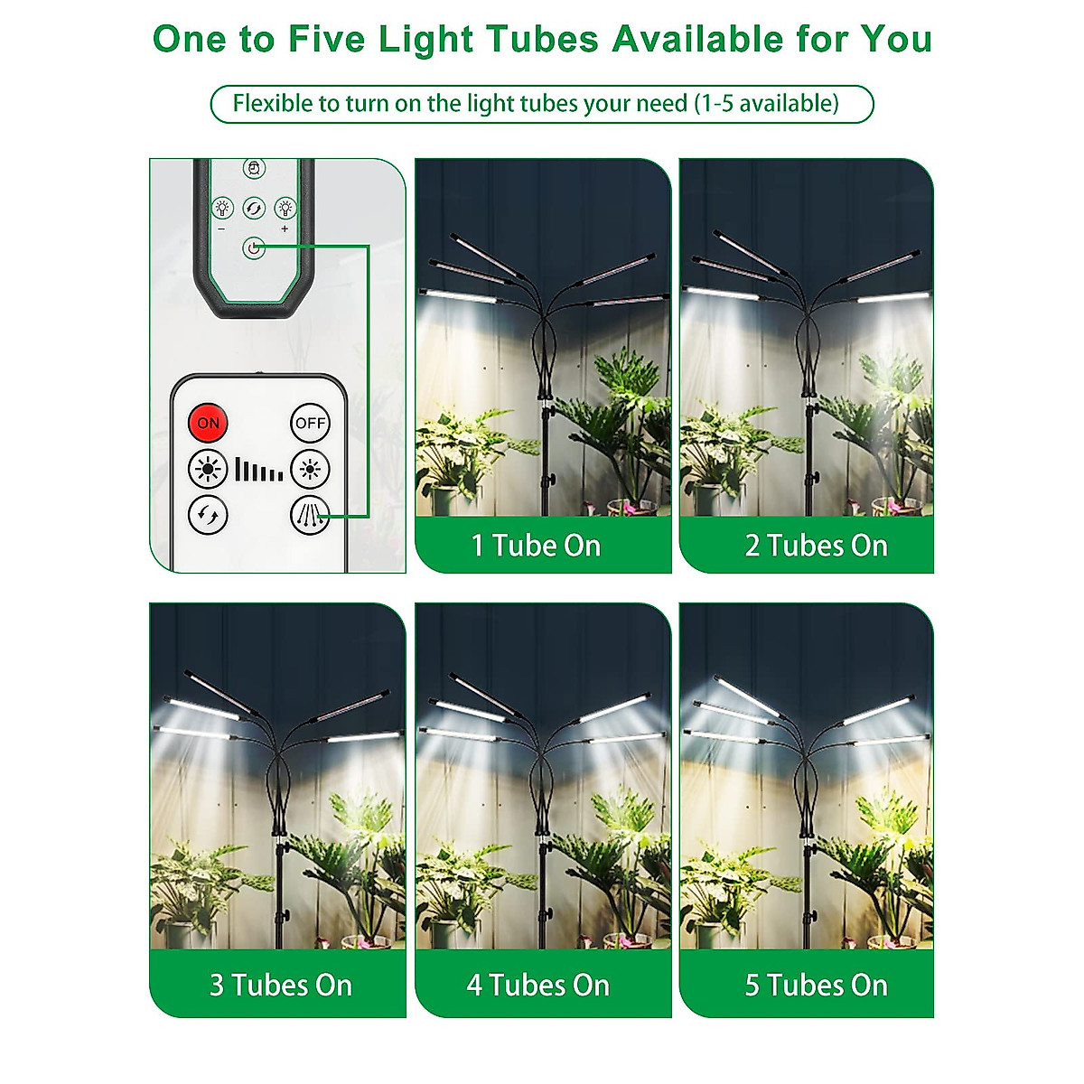 fyheart Grow Lights for Indoor Plants,Full Spectrum Grow Light with Adjustable Stand and Sturdy Clip,5 Light Tube,3 Light Modes,10 Dimmable Brightness,4/8/12 H Timer,360° Gooseneck,Remote Control