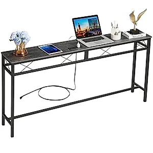 VECELO 71 inches Narrow Console Sofa Table Behind Couch with Power Outlet and USB Ports, 12'' Skinny Long Charging Stations for Entryway, Living Room, Foyer, Dark Grey