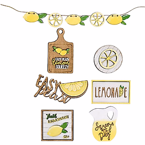 Lemon Decor Lemon Tiered Tray Decor Set: 7pcs Summer Farmhouse Farm Tiered Tray Decor Lemonade Wooden Tiered Tray Decor Lemon Garland Tray Wooden Signs for Kitchen Lemon Kitchen Decor