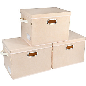 Voova Large Collapsible Storage Bins with Lids, 3 Pack Stackable Line Fabric Cube Storage Organizer, Foldable Closet Storage Boxes Baskets Containers with Cover for Clothes Bedroom Office Home,Apricot
