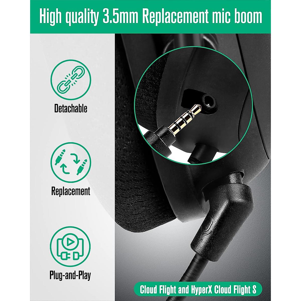 AKKE Hyperx Headset Mic Replacement Cloud Flight 3.5mm Jack Detachable Microphone Boom Noise Cancelling Compatible for Kingston HyperX Flight, Flight S,Gaming Headsets