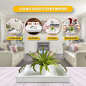 Crown Home & Living Ottoman Serving Tray 16.5x12.25 - White Coffee Table Tray with Brushed Gold Handles, Handcrafted, Sturdy & Spacious - Ideal for Bedroom, Kitchen, Living Room Decor