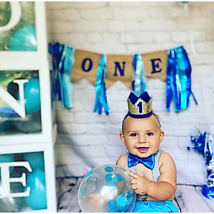 Baby 1st Birthday Boy Decorations with Crown - Baby Boy First Birthday Decorations High Chair Banner - Cake Smash Party Supplies - Happy Birthday ONE Burlap Banner, No.1 Gold and Blue Crown