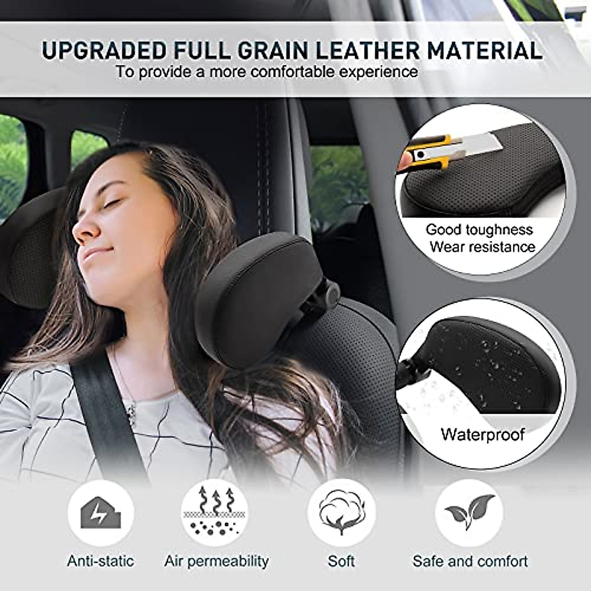 KUNGKIC Car Headrest Pillow,Full Grain Leather,U Shaped Car Seat Adjustable Head Neck Support,Sleeping Travel Car Pillow,Sleep Cushion Car Side Pillow for Kids Adults Elders (Black)