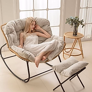 TALFEHR Outdoor Papasan Rocking Chair with Padded Cushion, Oversized Comfy Patio Chair Indoor Wicker Egg Rocker Chair, Steel Frame Modern Lounge Chair for Balcony (Dark Grey,441lb Capacity)