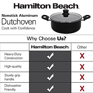 Hamilton Beach Nonstick Covered Dutch oven 3-Qt - Black Aluminum Dutch oven with Soft Touch Bakelite Handle & Glass Lid - Flared Edge - Spiral Bottom, Multipurpose Use - Durable & Dishwasher Safe