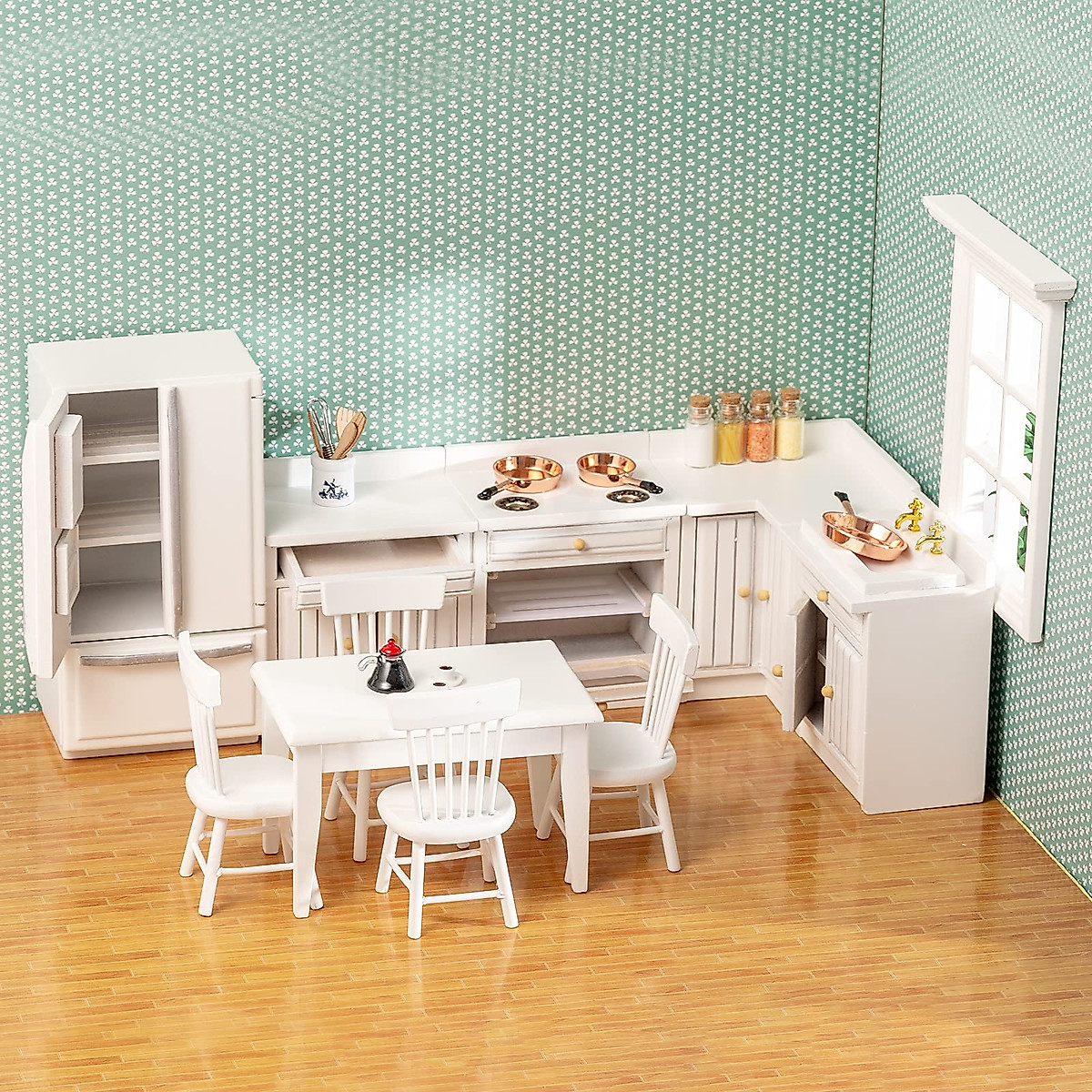 SAMCAMI Wooden Dollhouse Furniture Set - Miniature Dollhouse Furniture 1 12 Scale for Dollhouse Kitchen - Doll House Furniture Toys Incl Kitchen Cabinets, Dining Table, Refrigerator and Others (White)