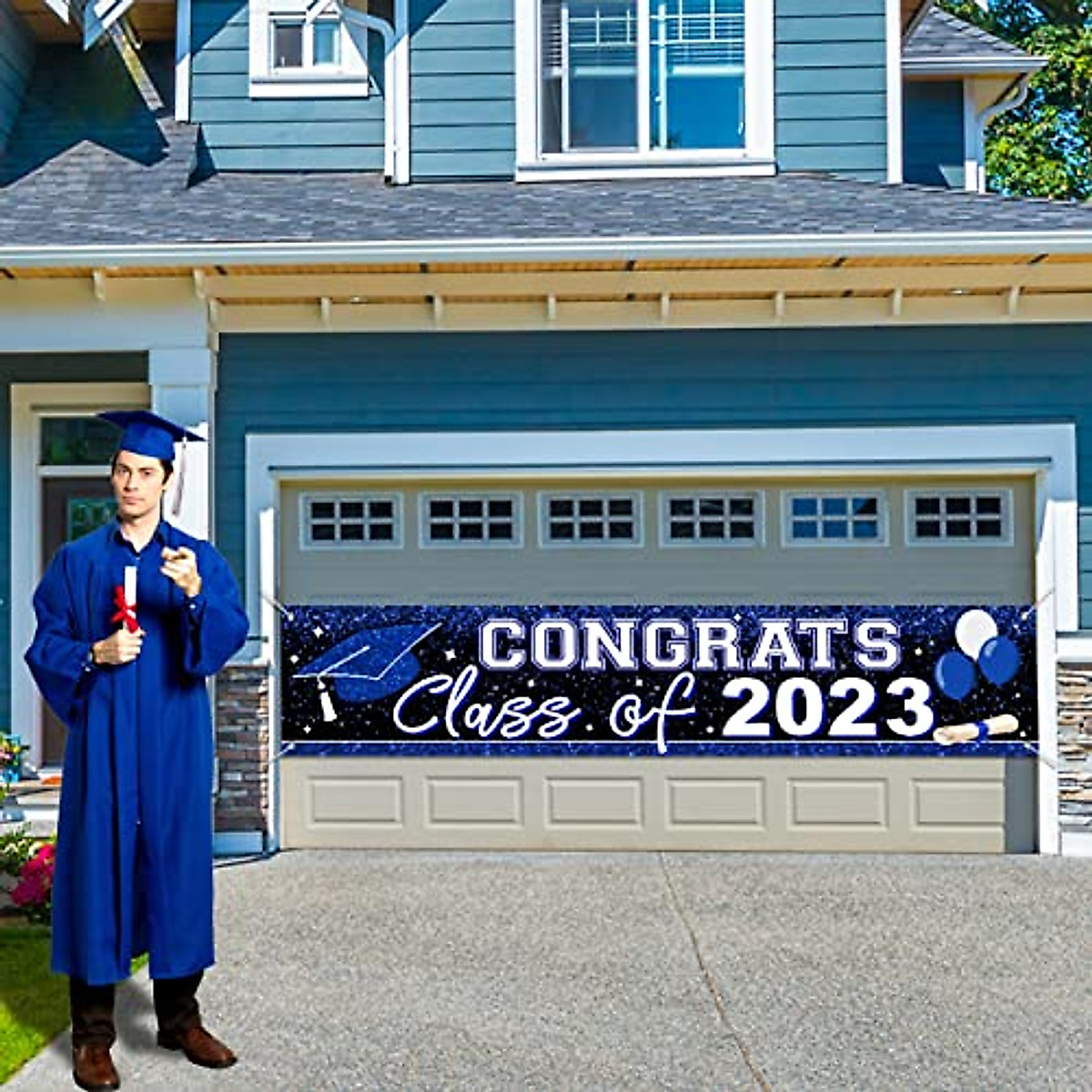 Large Congrats Grad Banner Blue Class of 2023 Banner Backdrop Graduation 2023 Yard Sign for Graduation Party Supplies Graduation Decorations 2023 (Blue)