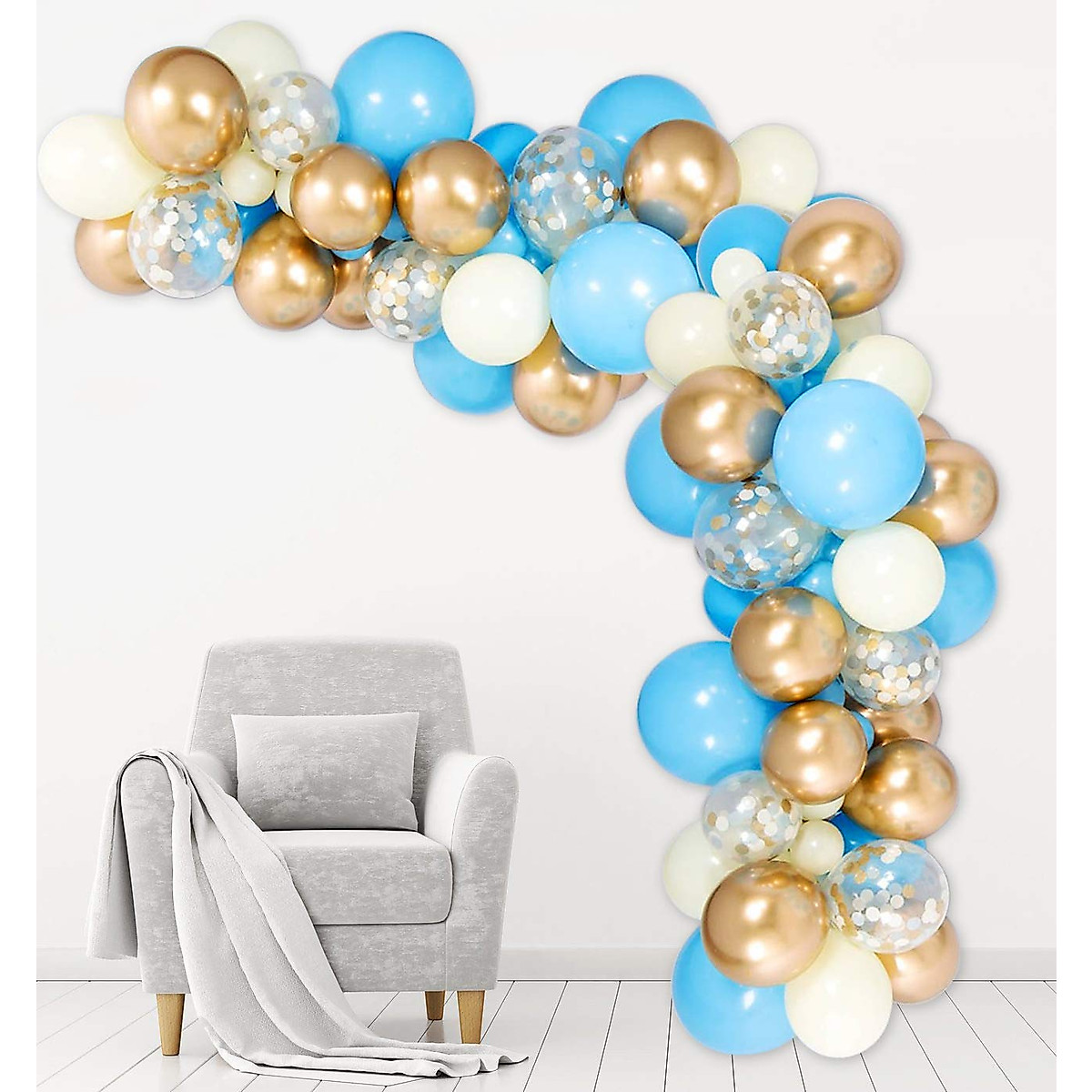 Blue Gold Balloon Garland Kit, Including Chrome Gold, Ivory, Light Blue & White Gold Light Blue Confetti Balloons Decorations Backdrop Ideal for Boys Birthday Baby Bridal Shower Party Decorations