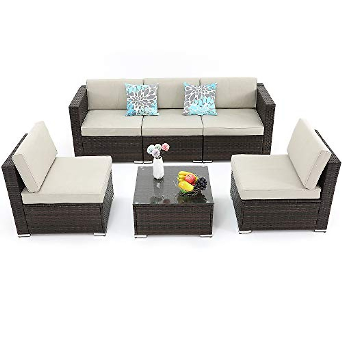 YITAHOME 6 Piece Outdoor Patio Furniture Sets, Garden Conversation Wicker Sofa Set, and Patio Sectional Furniture Sofa Set with Coffee Table and Cushion for Lawn, Backyard, and Poolside, Brown