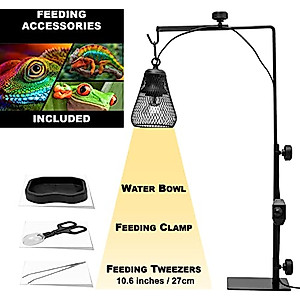 GDUUZ Pet Lamp Stand for Reptiles Insects and Cold Blooded Basking Animals– Adjustable Height and Reach Heat Light Hanger – Includes Feeding Accessories