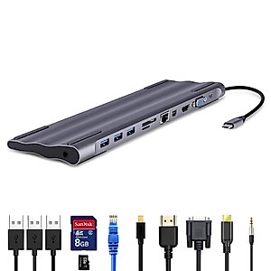 USB C Hub, 11 in 1 Multiport Type C Adapter, 4K HDMI, VGA, RJ45 Gigabit Ethernet, Mini DP DisplayPort, Type C PD, 3 USB 3.0, 3.5mm Audio, SD/TF Card Reader for MacBook Pro/Air, iPad PRO, etc