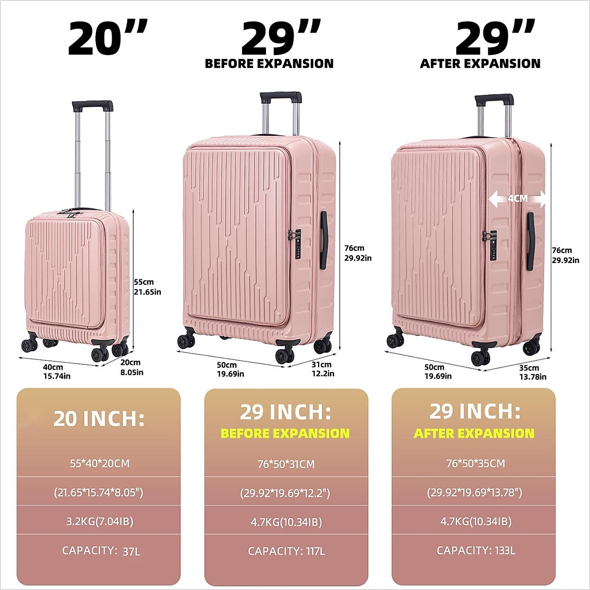 Kaleenie 2 Pieces 20/29 Luggage Sets, 20 Inch Cabin Luggage with Front Pocket & 29 Inch Side Opening Suitcase, Ligthweight ABS+PC Hardshell, Pink