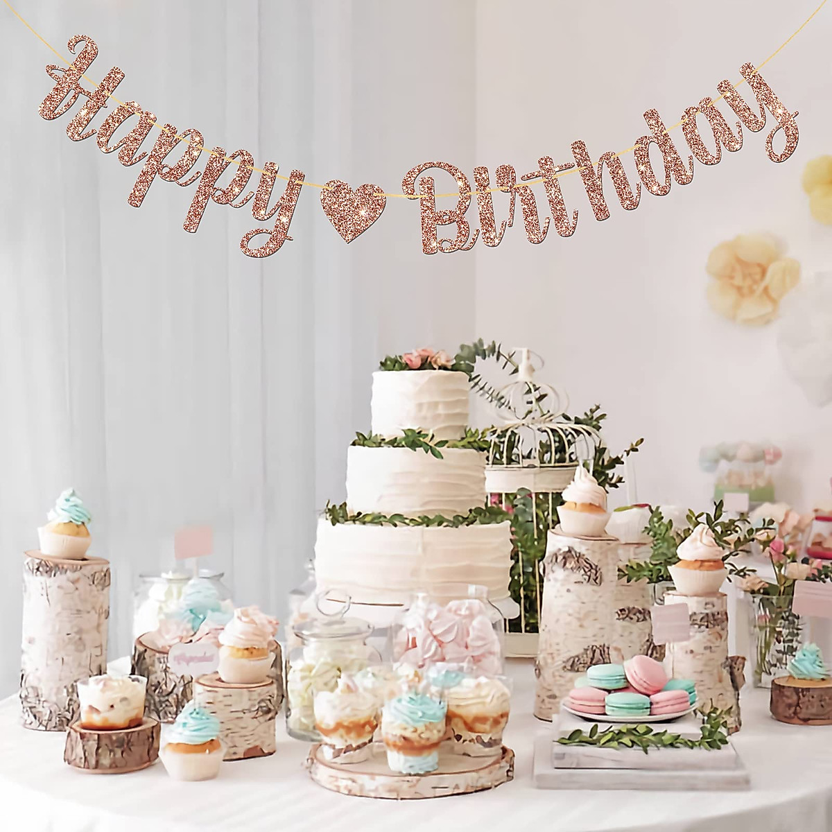 MonMon & Craft Happy Birthday Banner / Children Adults Boys Girls Birthday Party Decor / Birthday Party Decorations Rose Gold Glitter