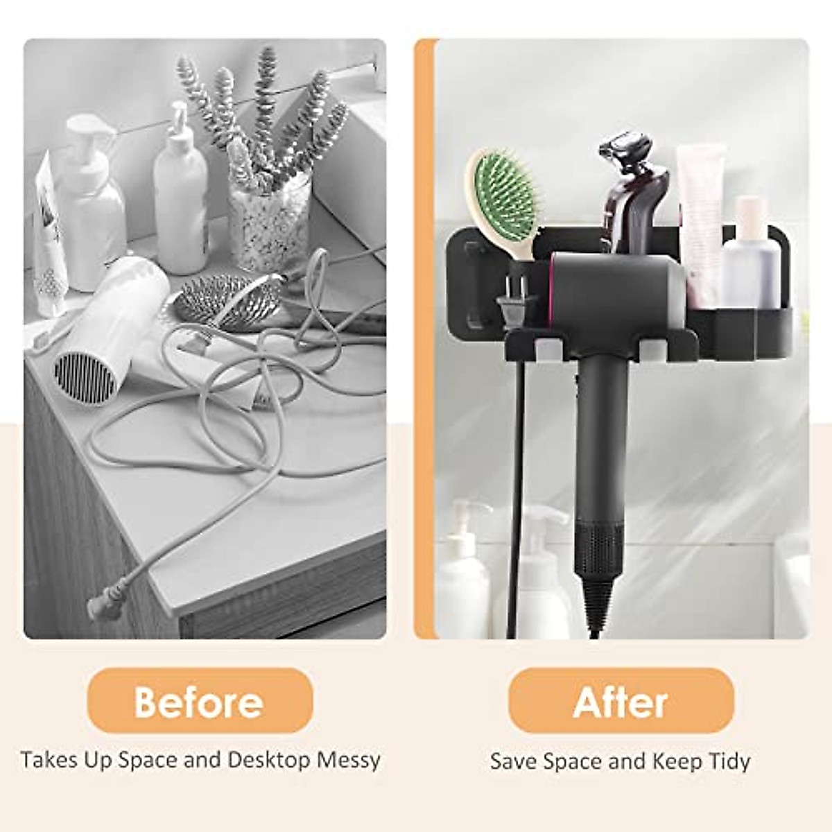 Hair Dryer Holder Wall Mounted - Bathroom Hair Tools Organizer with Hooks and Cup for Blow Dryer and Hair Straighteners - Bath Supplies Tray Stand Makeup Toiletries Storage Bracket for Space Saving