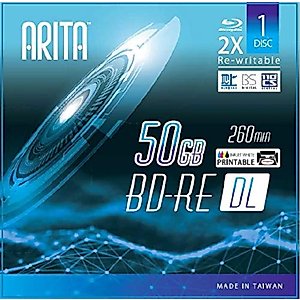 1 Pack Arita BD-RE DL Rewritable 50GB Double Layers 2X 260Min White Inkjet Hub Printable Blank Disc w/Jewel Case