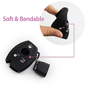 Xotic Tech Black Soft Silicone Key Fob Shell Cover Case w/ Keychain, Compatible with Mercedes Benz C E R S M GLK CLA CLK GLS W164 W204 W205 S204 S205 W212 W221 3-Button Smart Keyless Entry Key