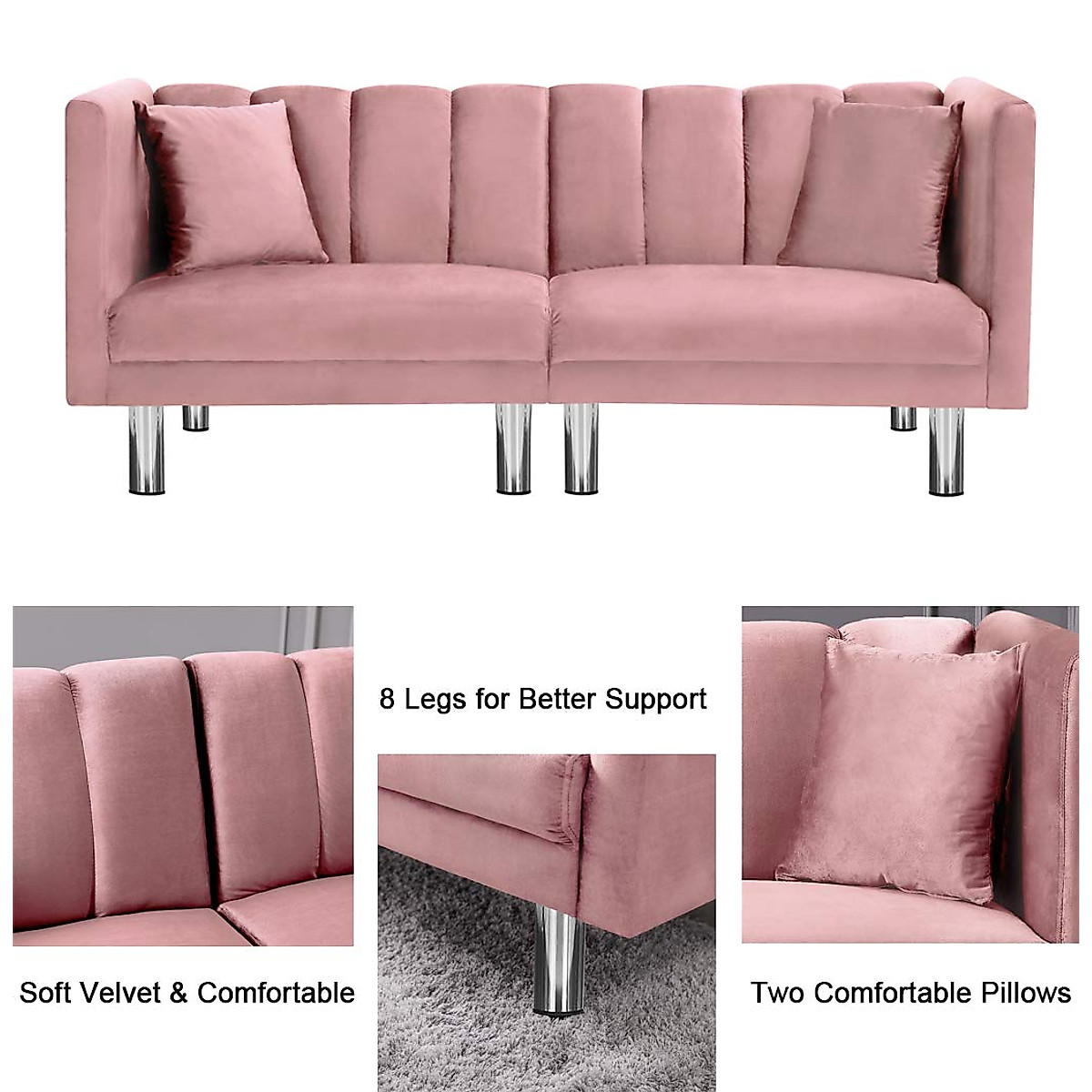 SLEERWAY Velvet Futon Sofa Bed with Two Pillows, Modern Sleeper Sofa Couch with 3 Adjustable Angles, Convertible Small Loveseat for Living Room, Pink