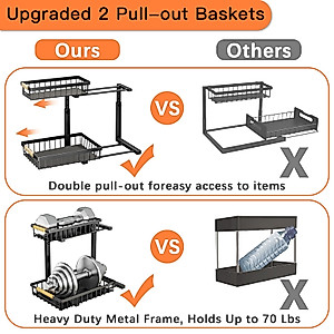 Under Sink Organizer, 2 Packs 2 Tier Under Sink Organizers and Storage, Slide out Pull out Cabinet Organizer Shelf, Metal Sliding Drawer for Kitchen Bathroom Pantry Cabinet Closet Organization Rack