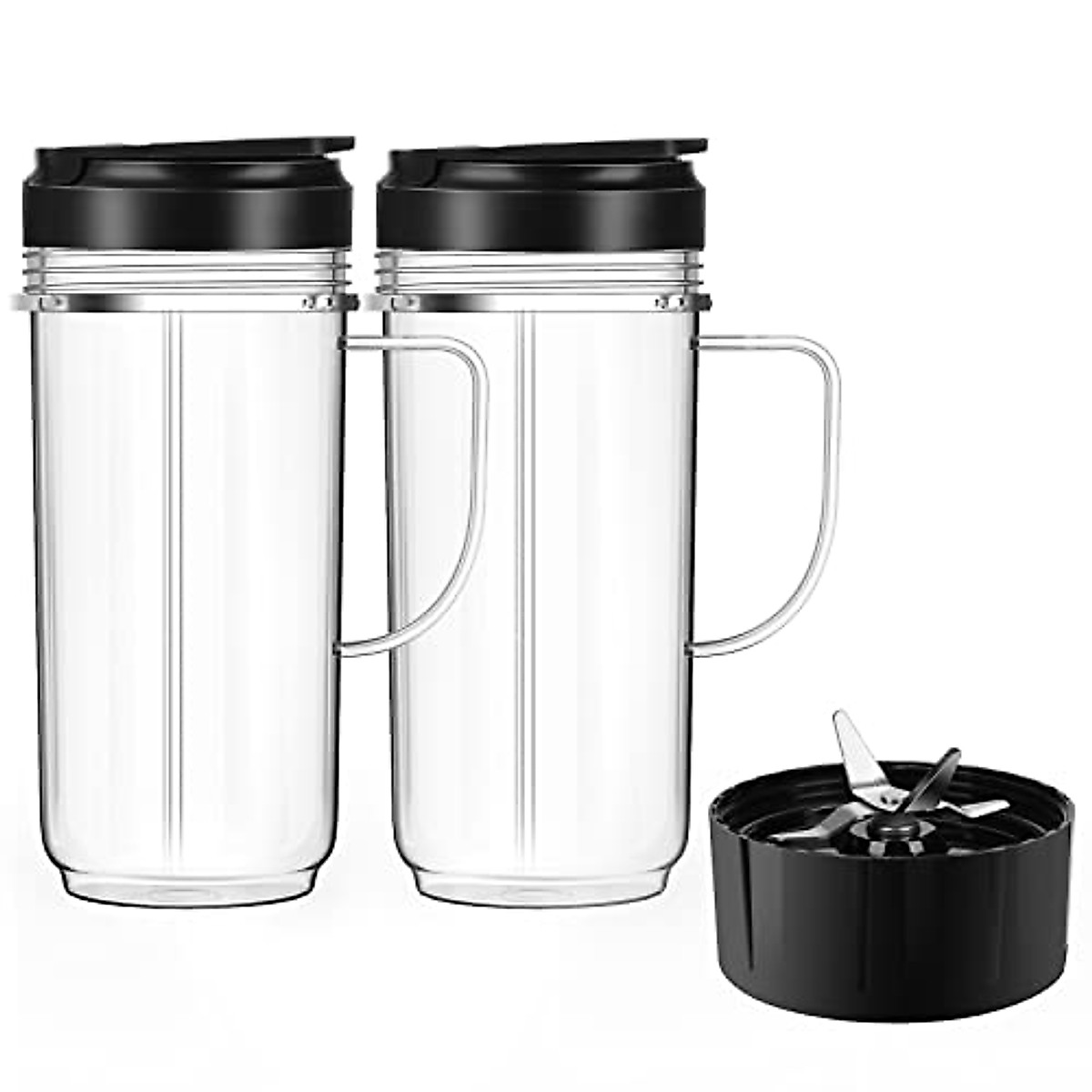 2 Pack Magic Bullet Blender Cups,Tall 22oz Cups Mugs Flip Top To-Go Lids & 4 Fins Cross Blade with Gasket Handle Replacement Part Compatible Magic Bullet Blender Juicer Mixer Accessories 250W MB1001
