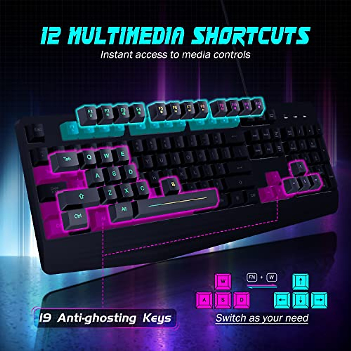 yesbeaut Gaming Keyboard, 7-Color Rainbow LED Backlit, 104 Keys Quiet Light Up Keyboard, Wrist Rest, Whisper Silent, Anti-ghosting Multimedia Keys, Waterproof USB Wired Keyboard for PC Mac Xbox