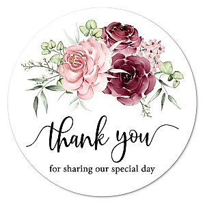 Burgundy Floral Thank You Stickers, 2 Inch Wedding Bridal Baby Shower Party Labels 40pack