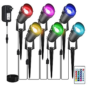 CREPOW RGBW Landscape Lighting, Color Changing 12V Low Voltage Landscape Lights Spotlights with Transformer Remote Control Decorative for Garden, Yard, Lawn, Pool, 44ft Cable with Stakes (6-in-1)