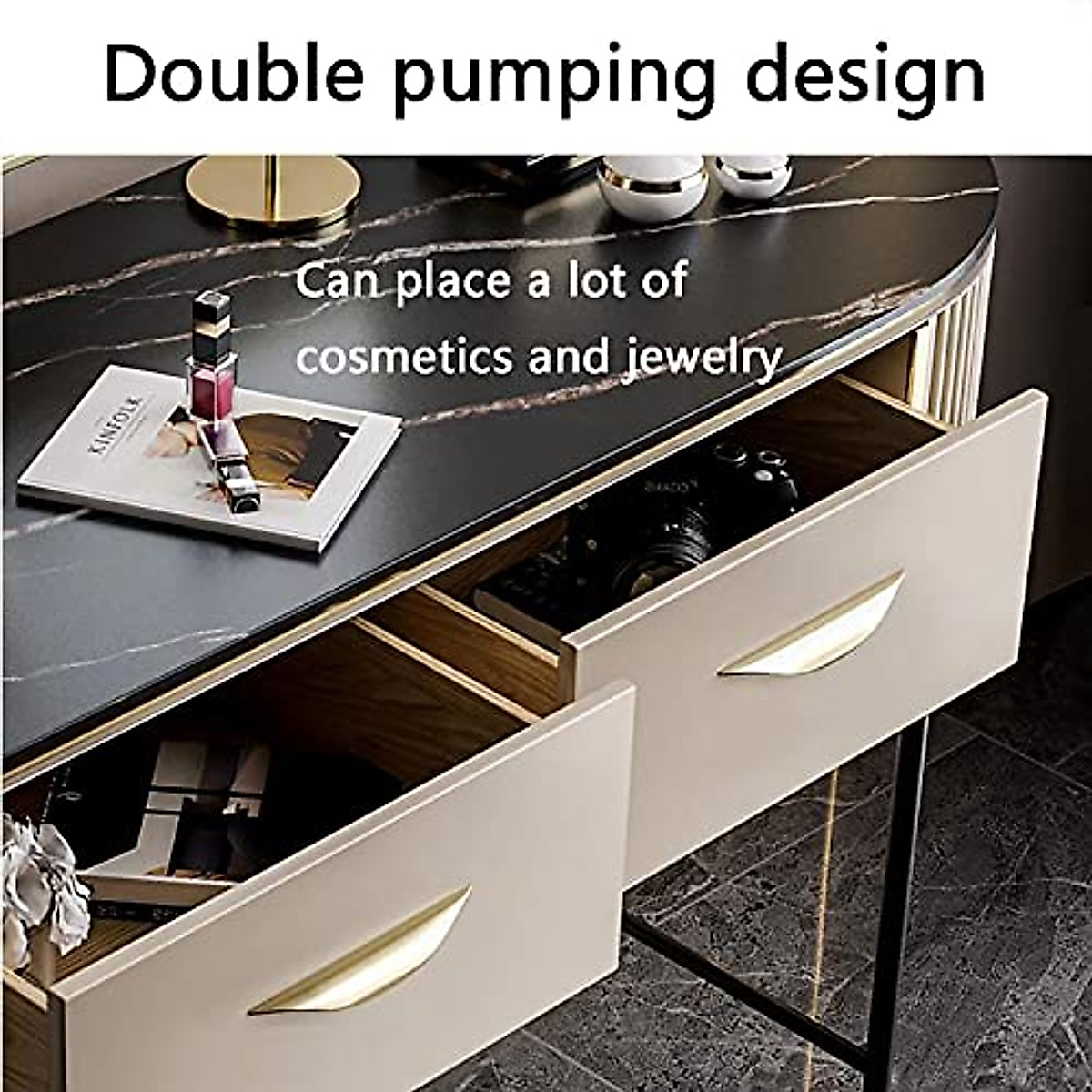 SWTOM Light Luxury Dressing Table, Modern Italian Minimalist Bedroom Makeup Desk, Net Red ins Makeup Table and Chair with LED Mirror