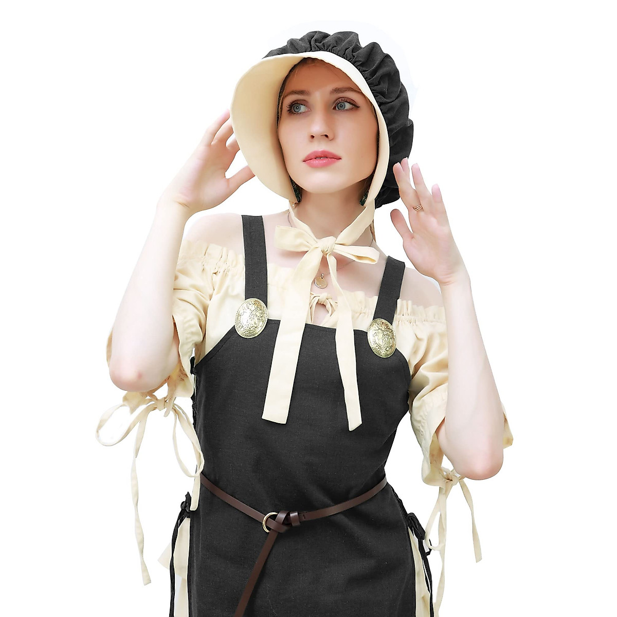 FURPHI Women's Colonial Pioneer Bonnet Hat Linen Victorian Pilgrim Headwear (Black)