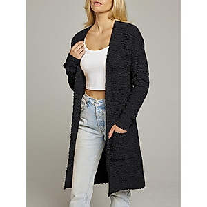 MEROKEETY Women's Long Sleeve Soft Chunky Knit Sweater Open Front Cardigan Outwear with Pockets,Black,Large