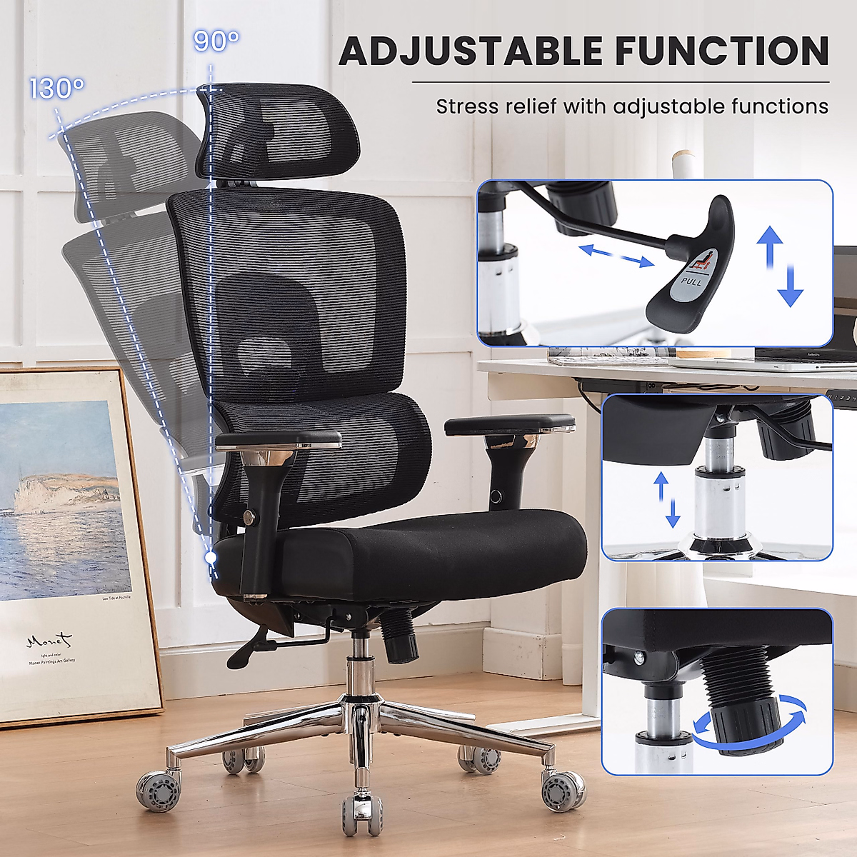 Ergonomic Office Chair, Big and Tall Mesh Chair 400LBS for Home Office&Gaming, High Back Desk Computer Chair with Lumbar Support, 3D Adjustable Headrest,4D Armrests, Upgraded Mute Rubber Chair Casters