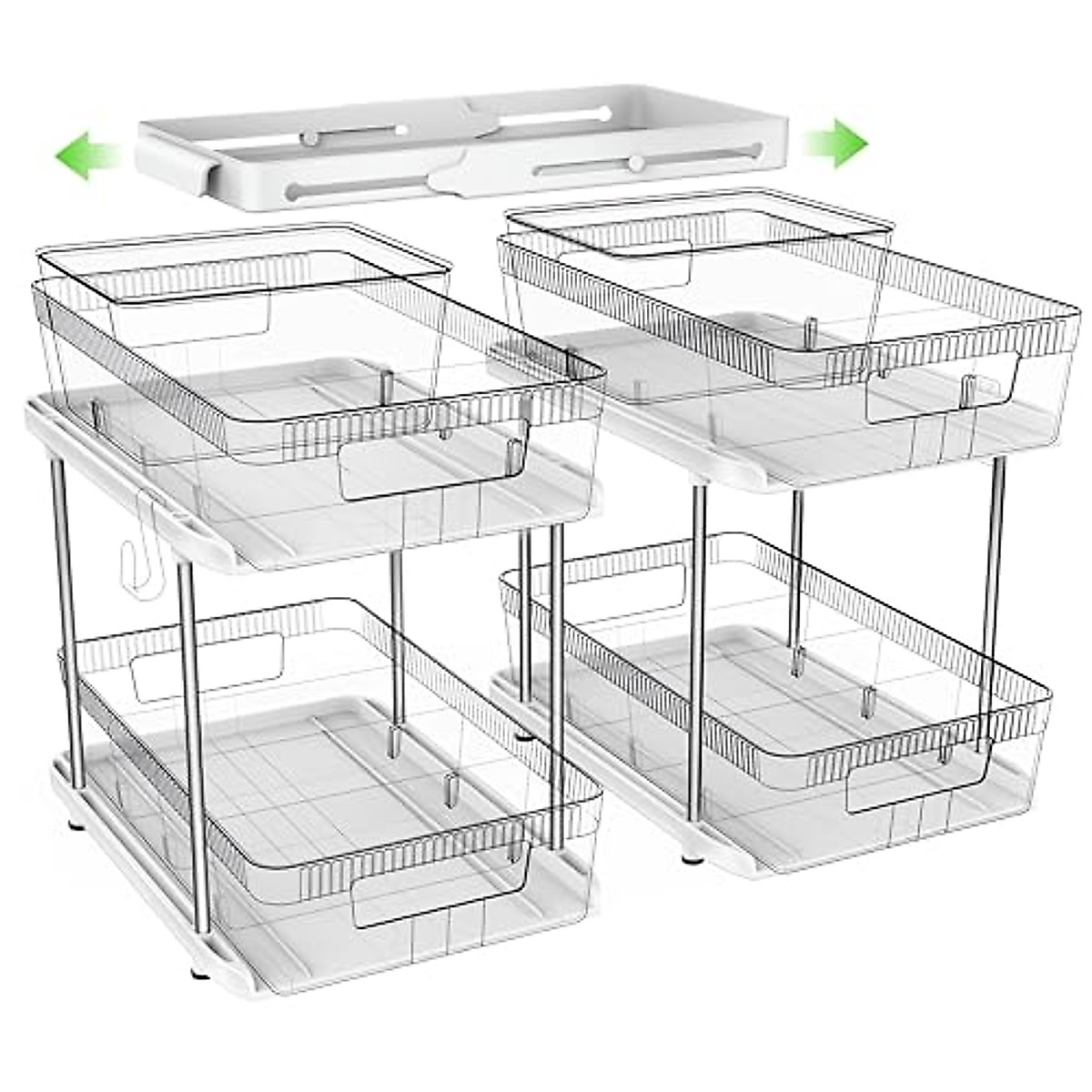 2 Tier Under Sink Organizers with Dividers and Lids, Snack Organizer for Pantry, Kitchen, Vanity, Medicine Drawer Storage (Adjustable)