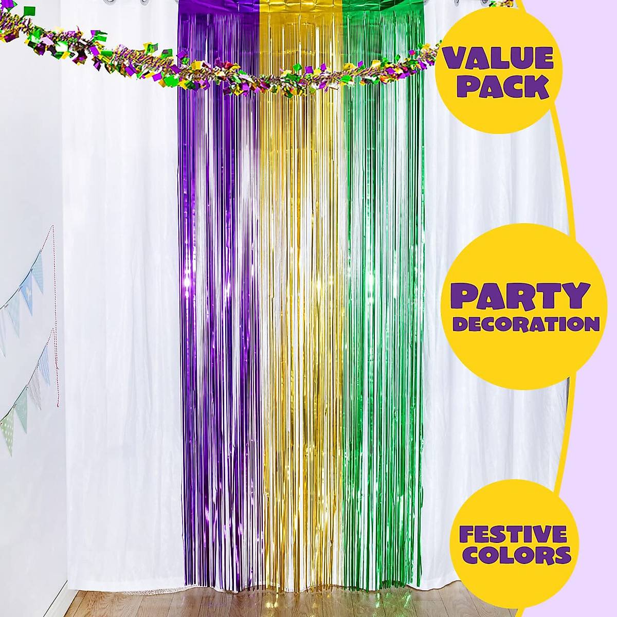 JOYIN 5PCS Mardi Gras Party Decoration with 1 PCS Fringe Curtain, 3 PCS Table Skirt and 1 PCS Garland Pack Mardi Gras Party Favor Supplies