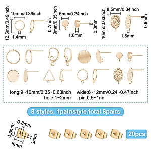 BENECREAT 8 Pairs 8 Style 18K Real Gold Plated Geometric Brass Stud, Round Triangles Stud Earring Findings with Loops and 20Pcs Plastic Ear Nuts for Earring Making, Pin: 0.8mm
