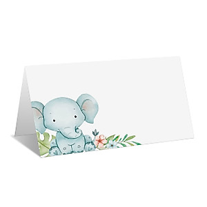 Place Cards for Blue Elephant Party, Editable Name Place Cards, Seating Place Cards for Tables, Tent Style Cards for Baby Shower, Birthday Party, Easy Folding, Pack of 25 Escort Cards(B04)
