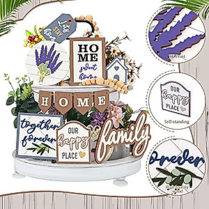 11 Pieces Home Family Tiered Tray Decor Set Wooden Shelf Tier Tray Sign Home Farmhouse Rustic Layered Pallets Decorations Wood Tiered Tray for Home Indoor Decor (Family Style)