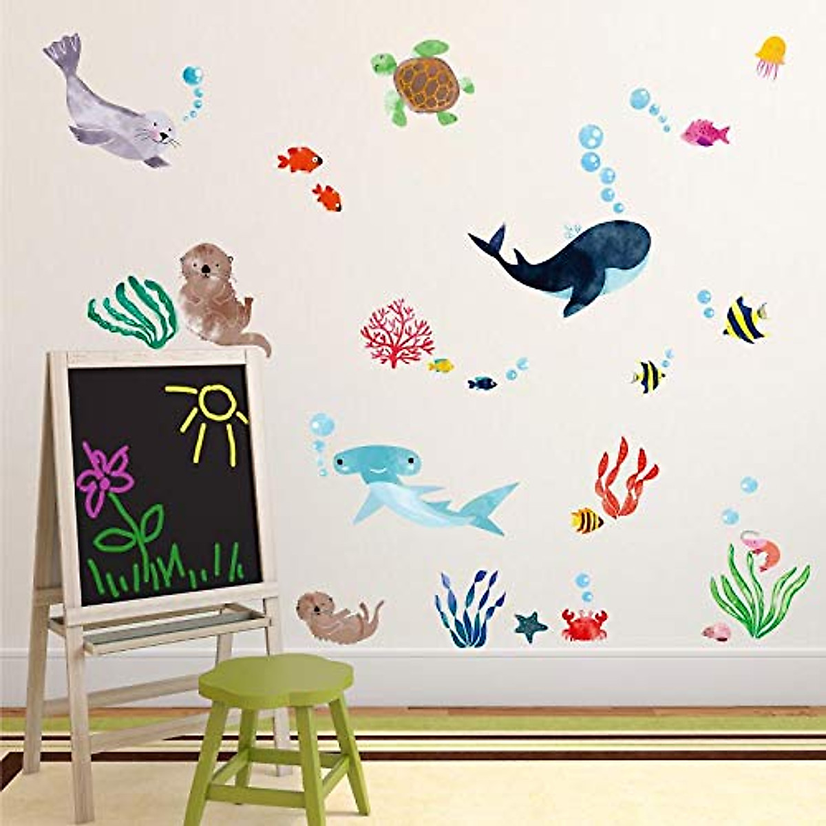 Cute Watercolor Sea Animals Peel & Stick Wall Art Stickers Decals for Kids Room/Nursery/Living Room/Playroom/Classroom
