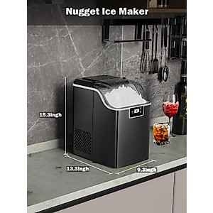 Kndko Nugget Ice Maker with Chewy Ice,High Ice-Making of 45lbs/Day/14,000pcs, Self-Cleaning,24-Hour Timer for Home Kitchen Bar Party,Bright Black Stainless Steel