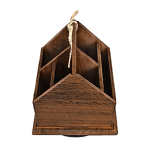 Ikee Design Rotating Wooden Utensil Holder Flatware Utensil Caddy with a Handle - Silverware Holder for Spoons, Knives, Forks, Napkins for Restaurant, Living Room and Kitchen, Brown Color