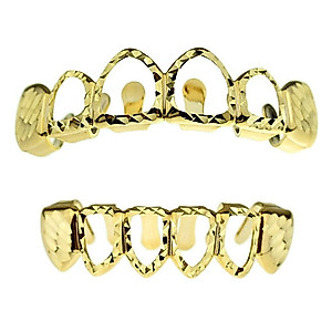 Diamond-Cut Grillz Set 14K Gold Plated 4 Open Face Top & Bottom Teeth Hip Hop Grills