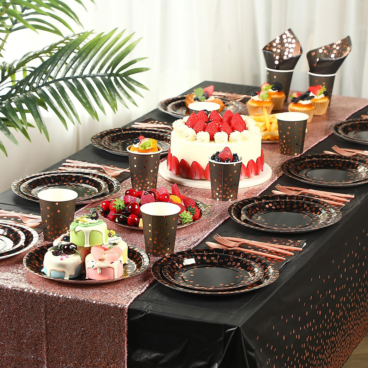 Capoda Black and Rose Gold Party Supplies Serve 24 Guest Rose Gold Dot on Black Paper Plate Napkin Cup Disposable Tablecloth Sequin Table Runner Cutlery for Wedding Bridal Shower Birthday Decorations