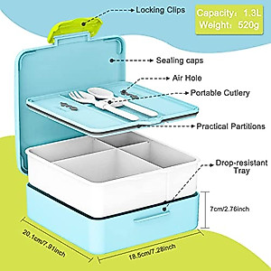 Bento Lunch Box for Kids, Dinosaur Lunch Box with 4 Compartment Bento,1300ml Lunch Containers with Sauce Jar, Spoon&Fork, Durable, Leak Proof, Dishwasher Safe, BPA-Free and Food-Safe Materials (Blue)