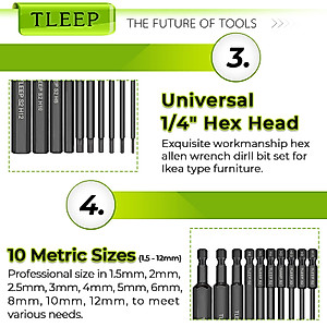 TLEEP 20 x Magnetic Power Nut Driver Set for Impact Drill, Extended 1/4" Hex Head Drill Bit Set SAE & Metric, 10 x 1/4 Inch Hex Head Allen Wrench Drill Bits Long 100MM, Metric 1.5mm to 12mm