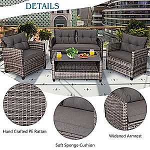 Tangkula 4 PCS Patio Wicker Conversation Furniture Set, Outdoor Rattan Sofa Set with Padded Cushion & Tempered Glass Coffee Table, Wicker Sectional Sofas & Table for Courtyard Balcony Garden (1, Grey)