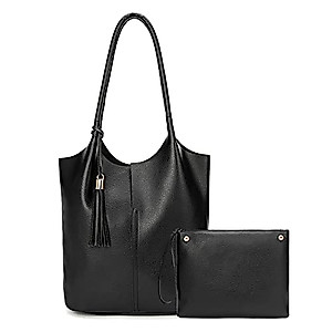 Keyli Hobo Bags for Women Set Waterproof Leather Shoulder Handbags Large Capacity Cute Tote Bag Shopping Travel Casual Top Handle Purse Solid Messenger Wallet with Tassel Black