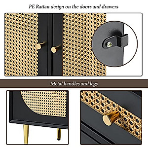 Modern TV Stand with 4 Rattan Doors and 4 Drawers, Entertainment Center for TVs Up to 65", Media Console Table Storage Sideboard Cabinet with Adjustable Shelves for Living Room Bedroom (Black-4R)