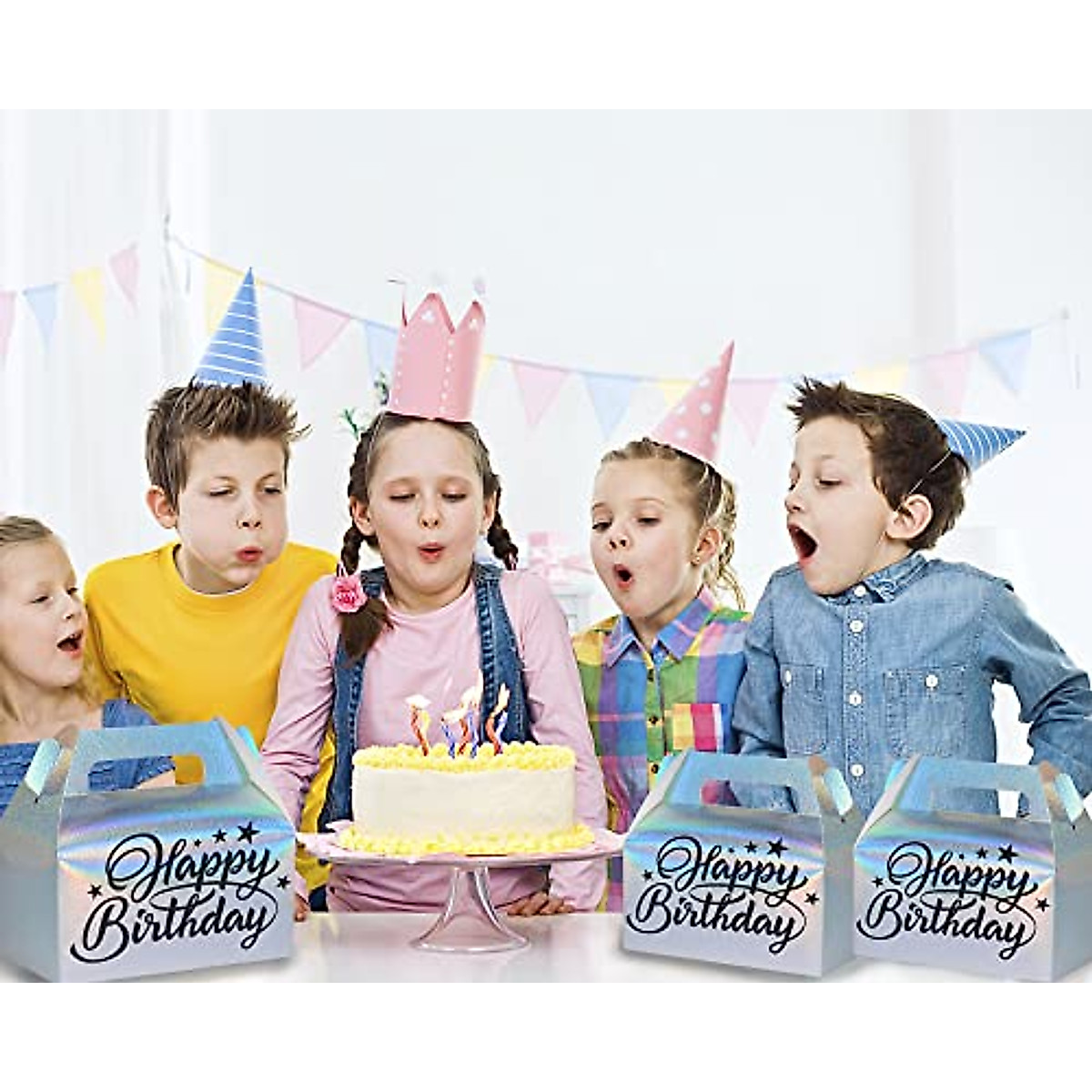 UnicoPak 30 Pack Rainbow Silver Gable Treat Boxes, Party Favor Boxes, Gift Boxes for Kids, for Snacks, Candy, Toys, Birthday Party, Wedding, Halloween, Christmas – 6.5x3.5x3.5 Inches