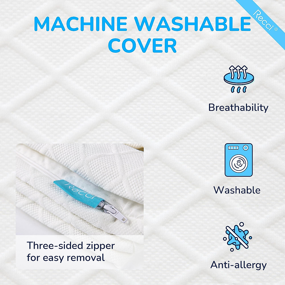 RECCI 3 Inch Full Mattress Topper - Pressure-Relieving, CertiPUR-US Certified, Removable & Washable Cover, Durable & Multi-Use