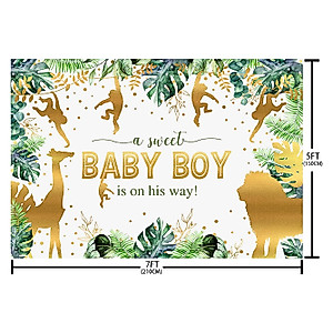 AIBIIN 7x5ft Jungle Safari Animals Baby Shower Backdrop Boy Baby Shower Party Decorations Baby Boy is On His Way Baby Shower Party Banner Photo Booth Props