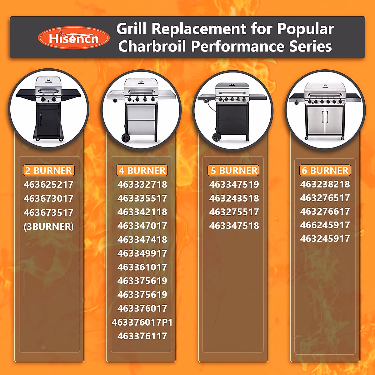 Hisencn Grill Replacement Parts for Charbroil Performance 475 4 Burner 463347017 463377319 463376017 463335517 463342119 463347418 G470-5200-W1 Burner G470-0004-W1A Heat Plates and Cooking Grates